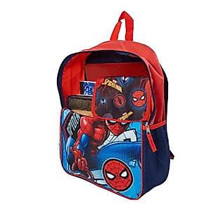 Marvel Spiderman Backpack with Lunch Box - Bundle with Spiderman Backpack for Boys 4-6, Spiderman Lunch Box, Water Pouch, Stickers (Spiderman Backpack for Kids)