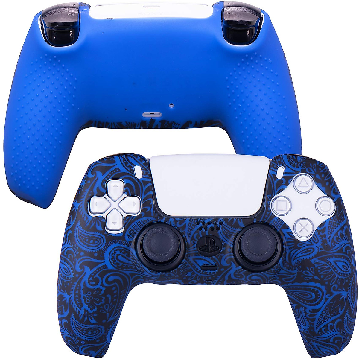 9CDeer 1 Piece of Silicone Transfer Print Protective Cover Skin + 10 Thumb Grips for PlayStation 5 / PS5 Controller Foliage Blue