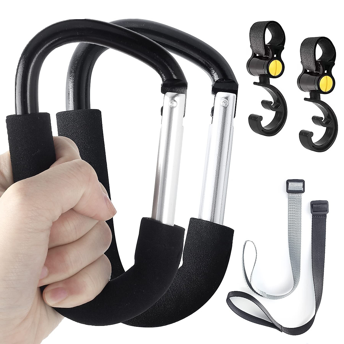 Stroller Hooks, Stroller Accessories Organizer Clip for Diaper Bags, 360-Degree Rotating Mommy Hook Holder for Stroller Bag, Shopping Cart, Grocery Bag with Stroller Wrist Strap Handle, Pack of 6