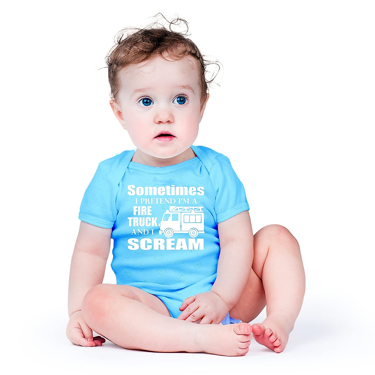 AW Fashions Sometimes I Pretend I'm A Fire Truck And I Scream Baby Bodysuit Funny Adorable Infant Romper (6 Months, Light Blue)