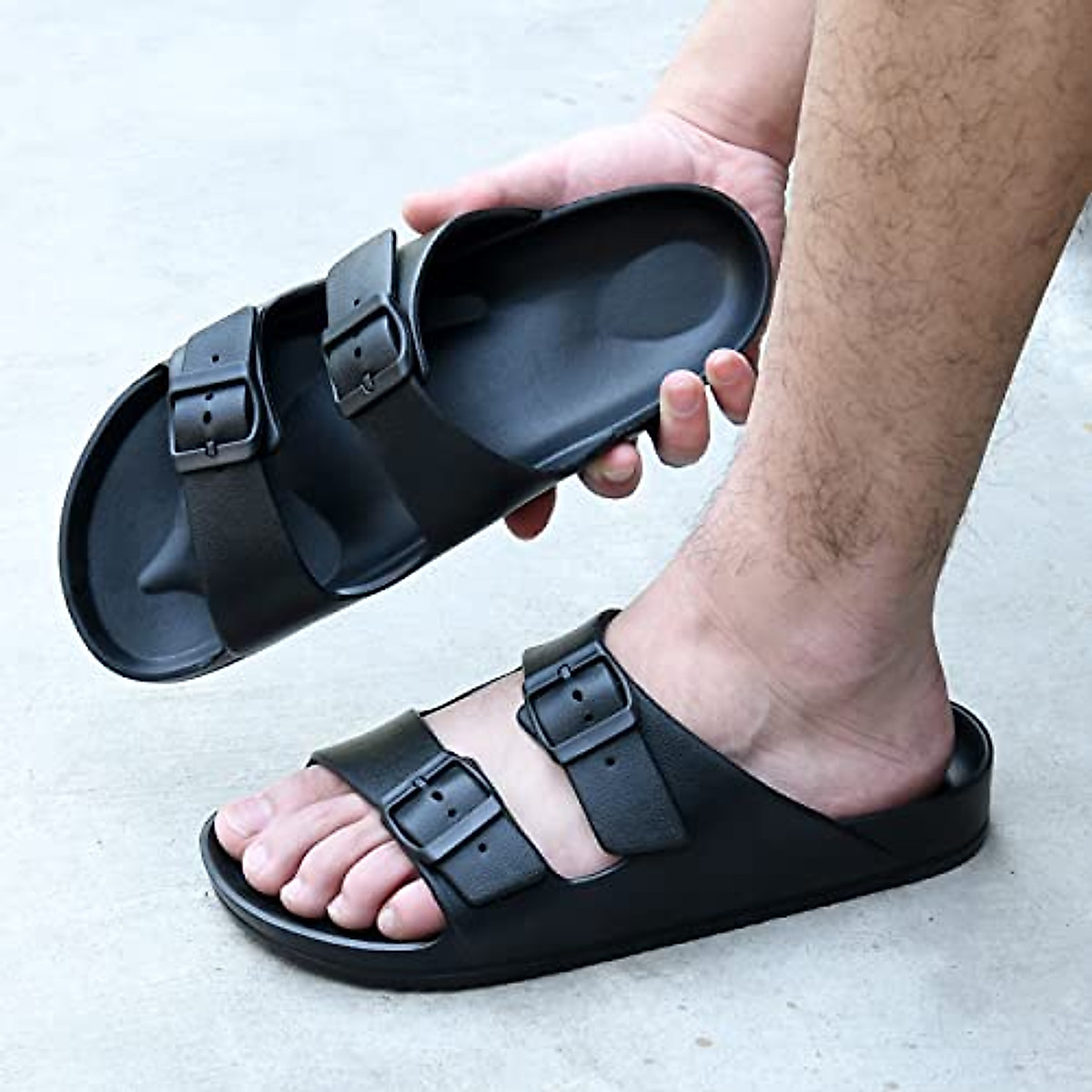 Temi Mens Slides Adjustable Slip on Sandals,Summer Beach Pool Shower EVA Sandals for Men,Double Buckle Lightweight Waterproof Comfy Bathroom Flat House Slippers for Men Size