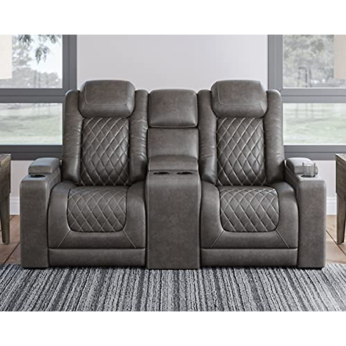 Signature Design by Ashley Hyllmont Power Reclining Loveseat with Center Console, Weathered Gray