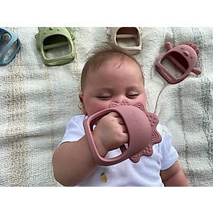 MOMMYS BABY Silicone Baby Teether Set, Anti-Drop Teething Toy, Infants chew Mitten, Pain Relief Soothing 2 in 1 | Beige Chick, Dark Pink Triceratops | Anti-Drop with Inside Handle for Easy Grip