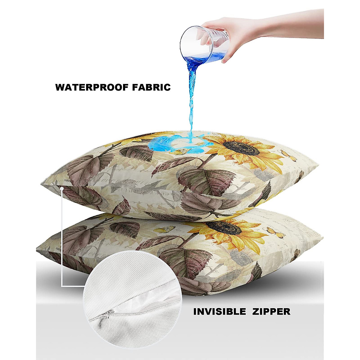 EwdeWwo Sunflower Outdoor Pillow Covers Pack of 2, Retro Sunflower Floral Butterfly Waterproof Pillow Covers Seasonal Spring Summer Throw Pillowcase for Patio Funiture Garden Tent, 16 x 16 inch