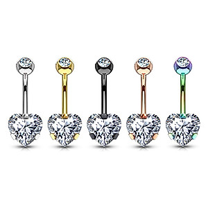 FIFTH CUE 14G Prong Set 8mm Heart CZ 316L Surgical Steel Naval Belly Button Ring (Gold/Clear)