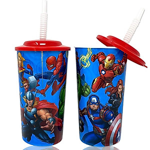 Kids Girls Boys Ultimate Marvel Avengers Water Tumbler with Lid, Reusable Straw Deluxe 2 Count Approved BPA Goodies Home by Zak!