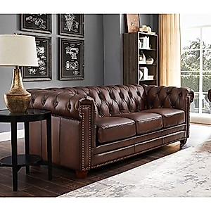Hydeline Stanwood Top Grain Leather Sofa Couch, 89'', Caramel Brown