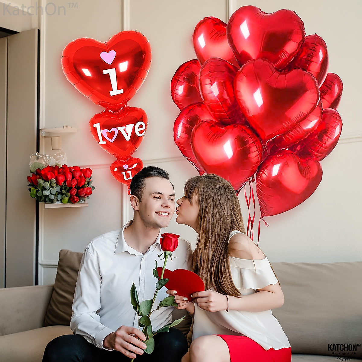 Katchon, XtraLarge 12+1 Red Heart Balloons - Pack of 13 Set | Big 36 Inch I Love You Balloons for Romantic Decorations Night | Happy Anniversary Proposal Balloons | Happy Birthday My Love Balloon