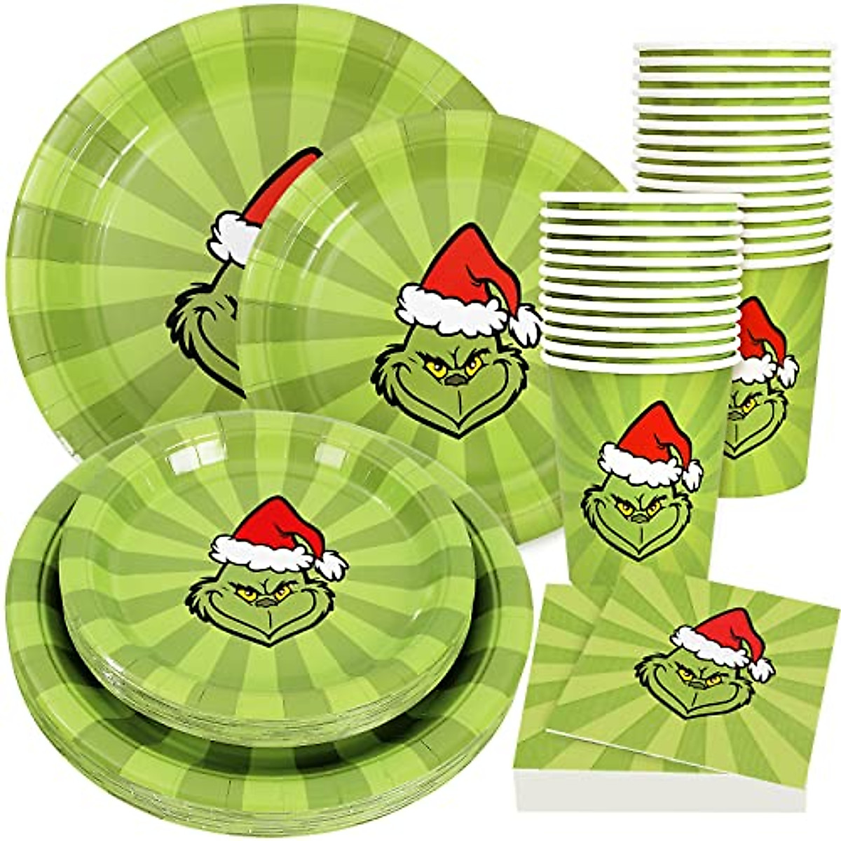 Whaline 100Pcs Christmas Tableware Set Green Christmas Character Disposable Dinnerware Set 50Pcs Paper Plates 25Pcs Napkin 25Pcs Cups for Xmas Theme Party Supplies Table Decorations