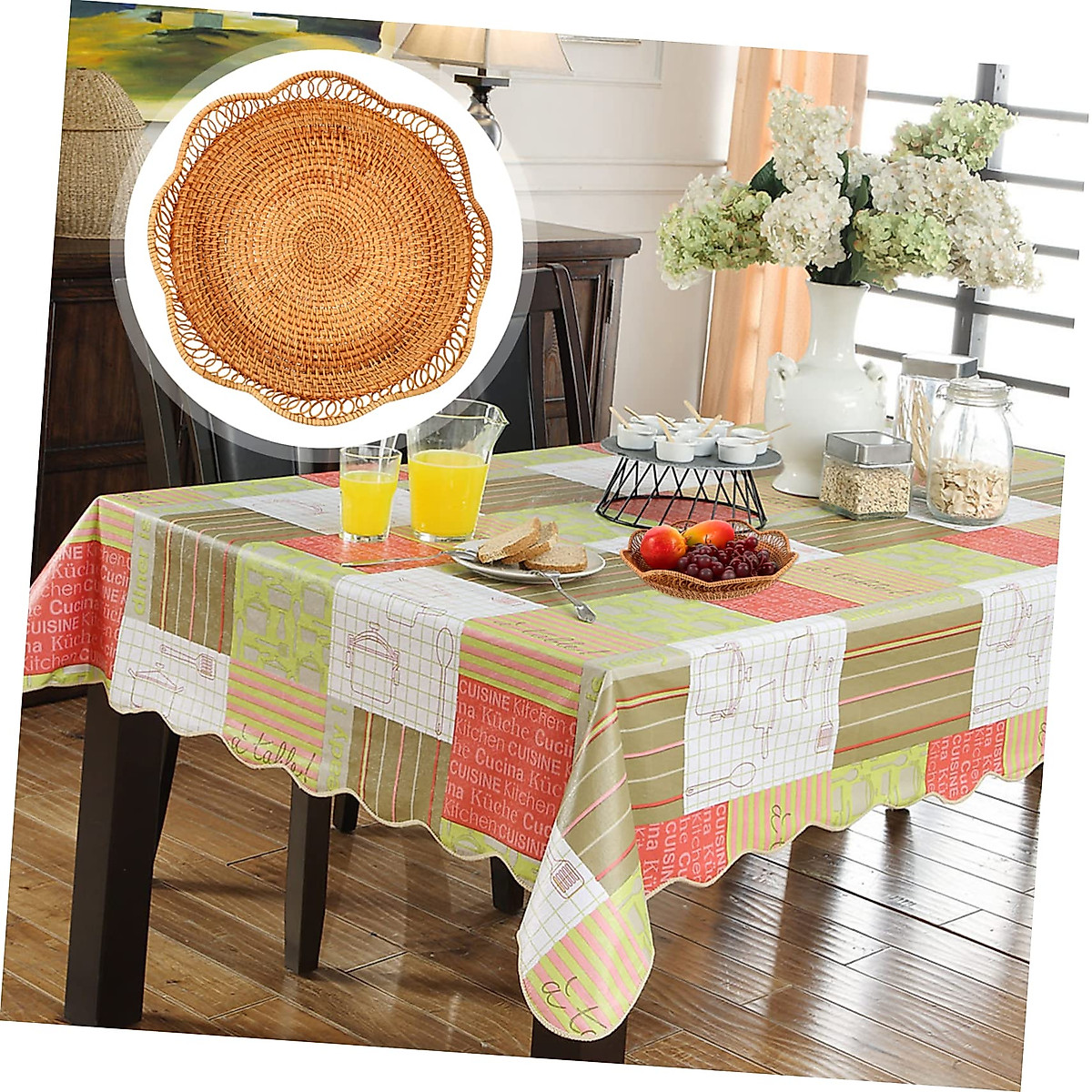 ADOCARN 1pc Rattan Fruit Bowl Woven Fruit Basket Straw Bread Basket Wicker Fruit Basket for Kitchen Fruit Holder Table Fruit Serving Desktop Organizer Egg Basket Food Basket Wooden Round