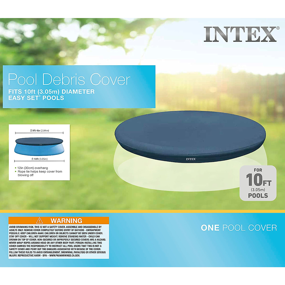 INTEX 28021E Pool Cover: for 10ft Round Easy Set Pools – Includes Rope Tie – Drain Holes – 12in Overhang – Snug Fit