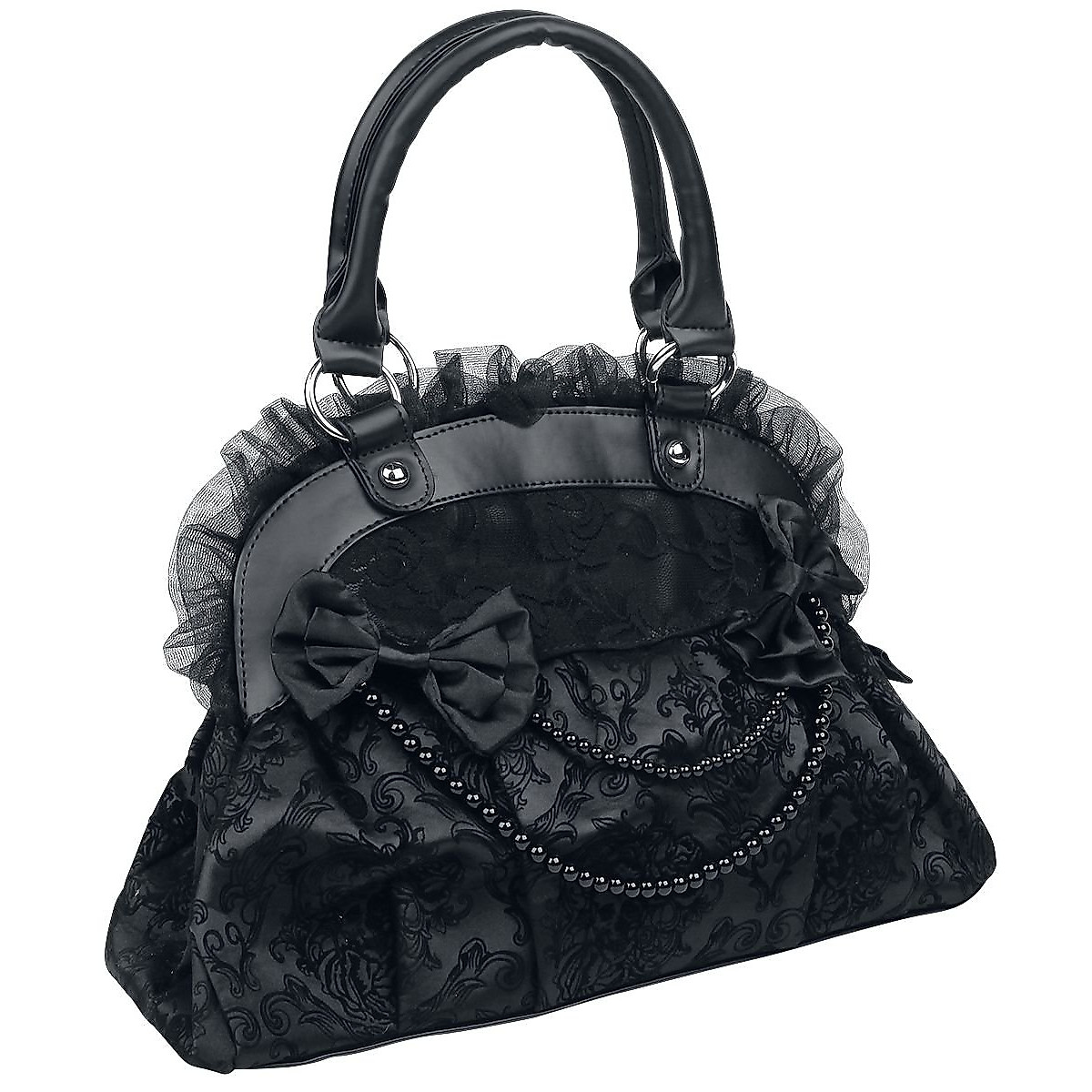 Lost Queen Reinvention Victorian Gothic Handbag Flocked Skulls with Bows and Lace Bag Women's 15" Purse
