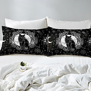 Mysterious Cat Bedding Set Twin Size 2 Pcs,Boho Exotic Tribal Abstract Art Duvet Cover for Kids Teens Bed Comforter Cover Set,Full Moon Galaxy Starry Duvet Cover Set for Home Decoration(No Filler)