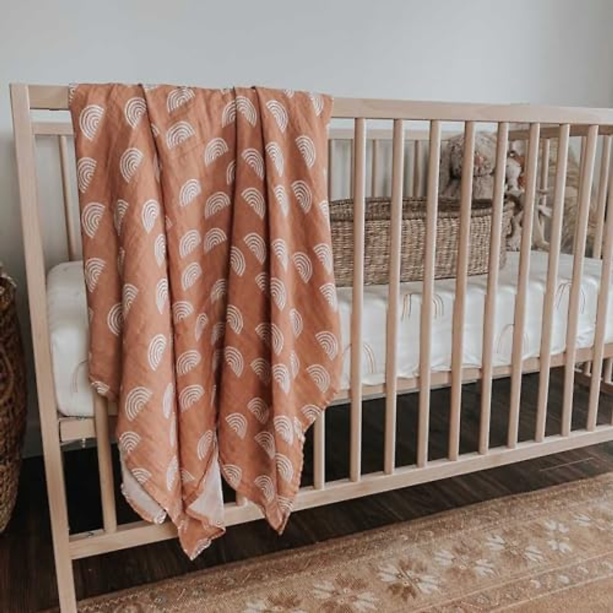 Miaoberry 100% Organic Cotton Muslin Baby Swaddle Blanket Set | Caramel Rainbow| Newborn Girl Unisex Neutral| Boho Vintage Rainbow Baby| Matching Hat Bow |