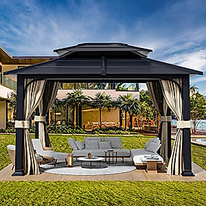 12' x 14' Metal Gazebo W/Double Roof, Anti-Rust Coating Iron Hardtop Sun Shade Shelter Outdoor Canopy & Pergolas w/Curtains and Netting, Steel Grill Gazebo for Patio Garden Lawn Deck, w/Hook Design