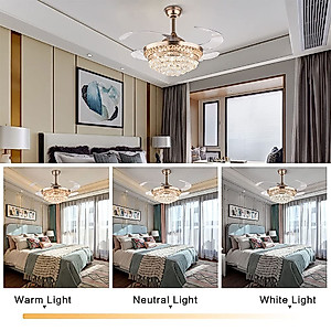 Gdrasuya10 42 Inch Crystal Ceiling Fan with Remote Control, Retractable Invisible Blades, LED Dimmable Chandelier 3 Speed 3 Color Pendant for Bedroom Living Room