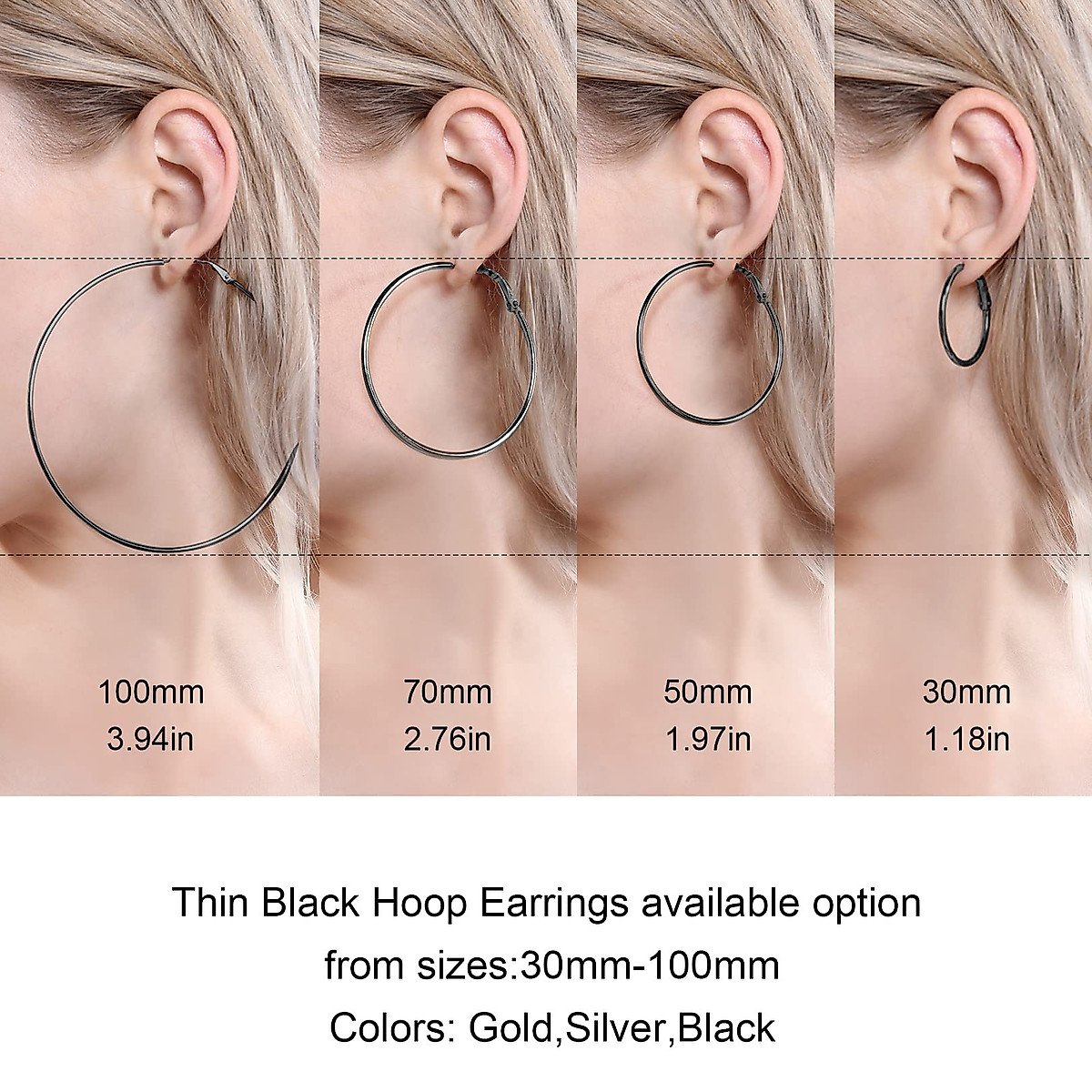 Black Lightweight Thin Hoops | 30mm Black Hoop Earrings for Women