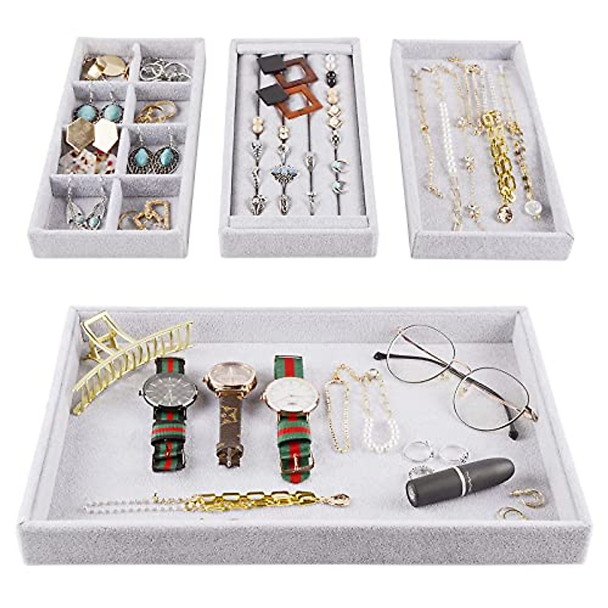 STYLIFING Jewelry Drawer Organizer 4 in 1 Stackable Jewelry Organizer Trays for Drawer Rings Earrings Necklaces Bracelet Storage Showcase Box(Grey)