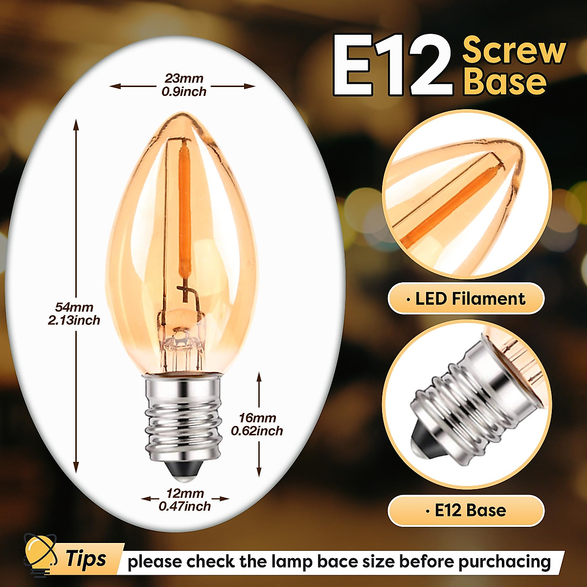 C7 LED Night Light Bulbs 0.5W, E12 Candelabra Base Candle Light Bulb Warm 2200K Equivalent 5W/7W Incandescent Bulb, Mini Light Bulbs for Chandelier Nightlight Salt Lamp Window Bulbs (2 Pack Gold)