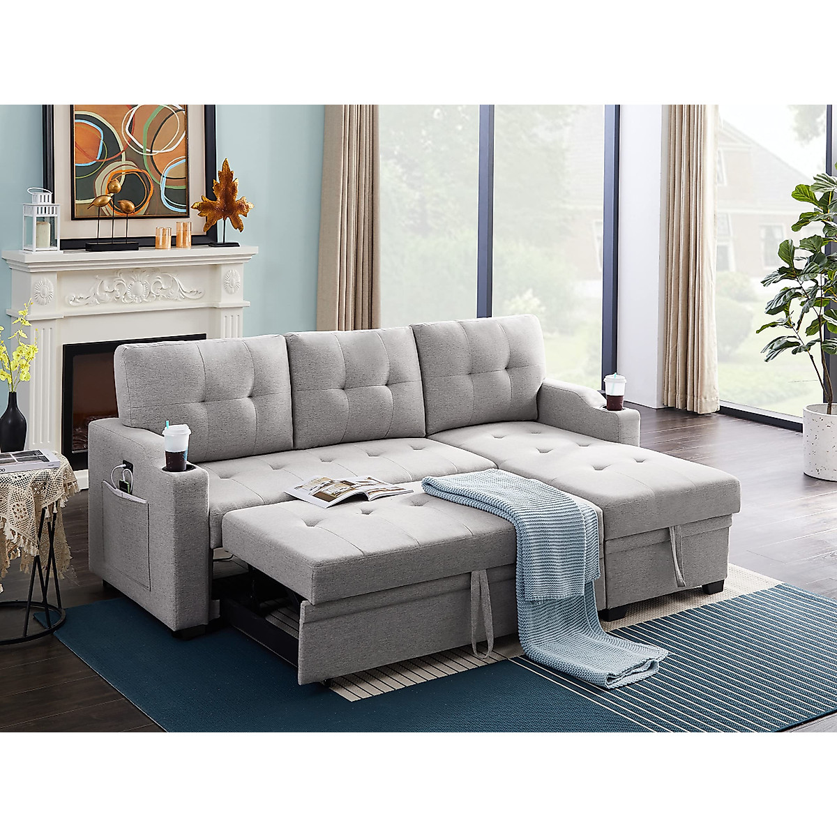 Lilola Home Mabel Light Gray Linen Fabric Sleeper Sectional with cupholder, USB Charging Port and Pocket