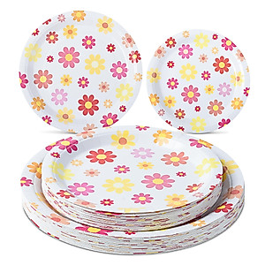 AimFun 48 Pcs Groovy Party Plates Retro Daisy Paper Plates Hippie Boho Flower Round Disposable Plates for 60s 70s Party Decorations Birthday Baby Shower Wedding Bridal Tableware