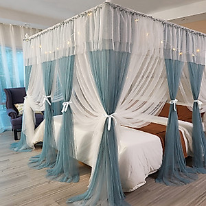 Joyreap Luxury 4 Corners Post Canopy Bed Curtains - Blue & White Cozy Drape Netting - Cute Princess Bedroom Decoration Accessories (59" W x 78" L, Full/Queen)