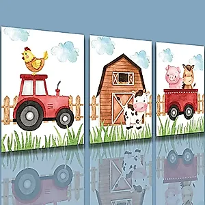 Watercolor Farm Animals Nursery Wall Art Farm Nursery Prints Baby Animals for Nursery Decor Farm Bedroom Farmhouse Nursery Decor Poster Funny Country Theme Gift (8x10 inch，Set of 3，Unframed)