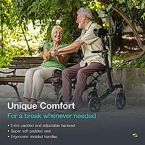 Helavo Upright Walker with Seat, 10" Front Wheels, 26.4 Wide - Foldable Stand Up Walker for Seniors with Padded Armrests - Tall Standing Rollator