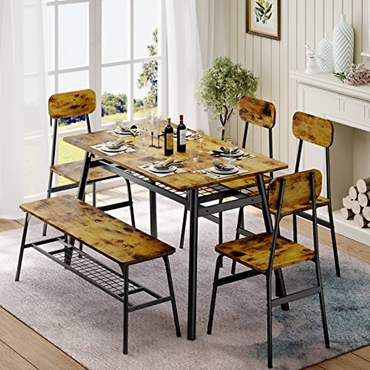 Gizoon 6-Piece Dining Table Set for Home, Kitchen, Dining Room with Storage Racks, Rectangular Kitchen Table with Bench, 4 Chairs, Steel Frame, Brown