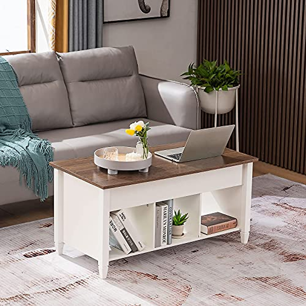 VINGLI Lift Top Coffee Table, White Coffee Table with Lift Top, Lift Up Coffee Table with Storage Shelf/Hidden Compartment, Gas Lift Coffee Table Mesa De Centro para Sala Pop Up Coffee Table