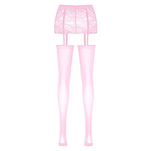 zdhoor Women's Sexy Lingerie Sheer Mesh Lace Tulle Micro Skirts with Suspender Garter Belt Stockings Pink Medium