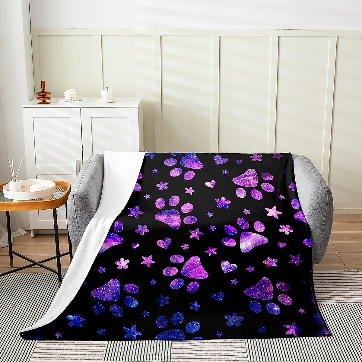 Feelyou Dog Paw Print Flannel Fleece Throw Blanket for Bed Sofa Couch Kids Queen 90"x90" Purple Galaxy All Season Bed Blanket Room Decorative Puppy Pets Animal Themed Fuzzy Blanket Cute Cartoon