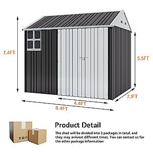 Jocisland 8.5x7.1x7.5 FT Galvanized Steel Outdoor Storage Shed, Lockable Double Hinged Doors and 4 Vents, Metal Shed for Backyard Storage, Dark Black/White