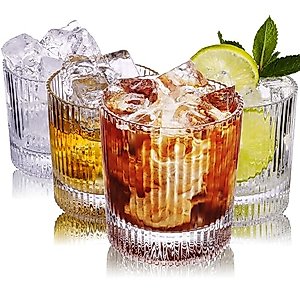 Huge Estate Premium Old Fashioned Cocktail Glasses 10 OZ with Luxury Box for Whiskey, Gin, Bourbon, and Mixed Drinks, 4 Pc. Set, Ribbed Glassware for Home Bars or Kitchens, Modern Glass Cups