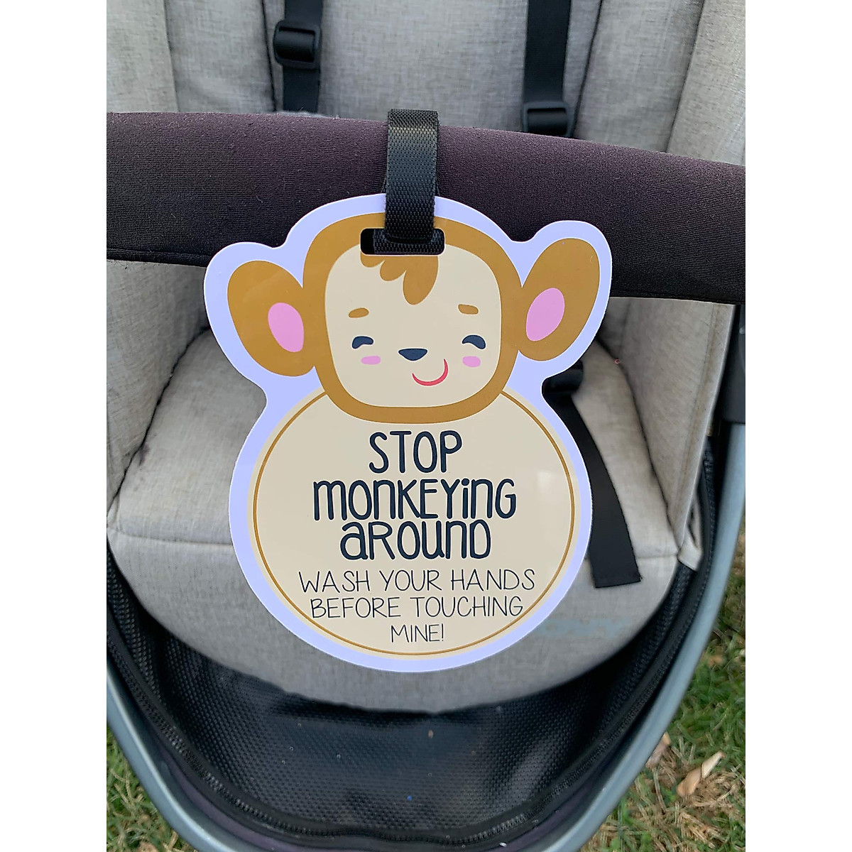 THREE LITTLE TOTS – Animal Theme No Touching Baby Car Seat Sign or Stroller Tag - CPSIA Safety Tested (Monkey)