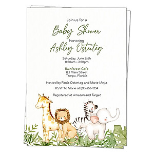 Jungle Animals Baby Shower Invitation Unisex Safari Invites Giraffe Lion Born to Be Wild Elephant Zebra Printed Customized Cards (12 Count)