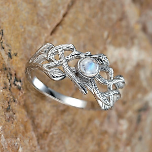 Angol Genuine Moonstone Ring Sterling Silver Leaf Moonstone Ring Statement Band Finger Minimalist Ring for Women with Gift Box (9)