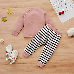 Thorn Tree Newborn Baby Girls Clothes Cotton Suit Cute Baby Kid Infant Toddler Play Wear Fall Winter Rainbow Outfits (Pink Rainbow & Strip Pants, 9-12 Months)