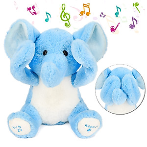 Hopearl Peek A Boo Elephant Interactive Repeats What You Say Plush Elephish Toy Musical Singing Talking Stuffed Animal Adorable Electric Animate Birthday Festival, Blue, 11.5''