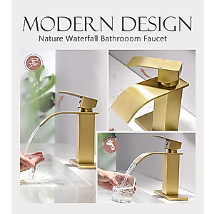 YardMonet Gold Bathroom Faucets, Modern Single Hole Bathroom Faucet Waterfall Spout Bathroom Faucet Brushed Gold Bathroom Sink Faucet with Drain Assembly and Lead-Free Hose