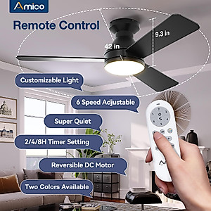 Amico Ceiling Fans with Lights, 42 inch Low Profile Ceiling fan with Light and Remote Control, Flush Mount, Reversible, 3CCT, Dimmable, Noiseless, Black Ceiling Fan for Bedroom, Indoor/Outdoor Use