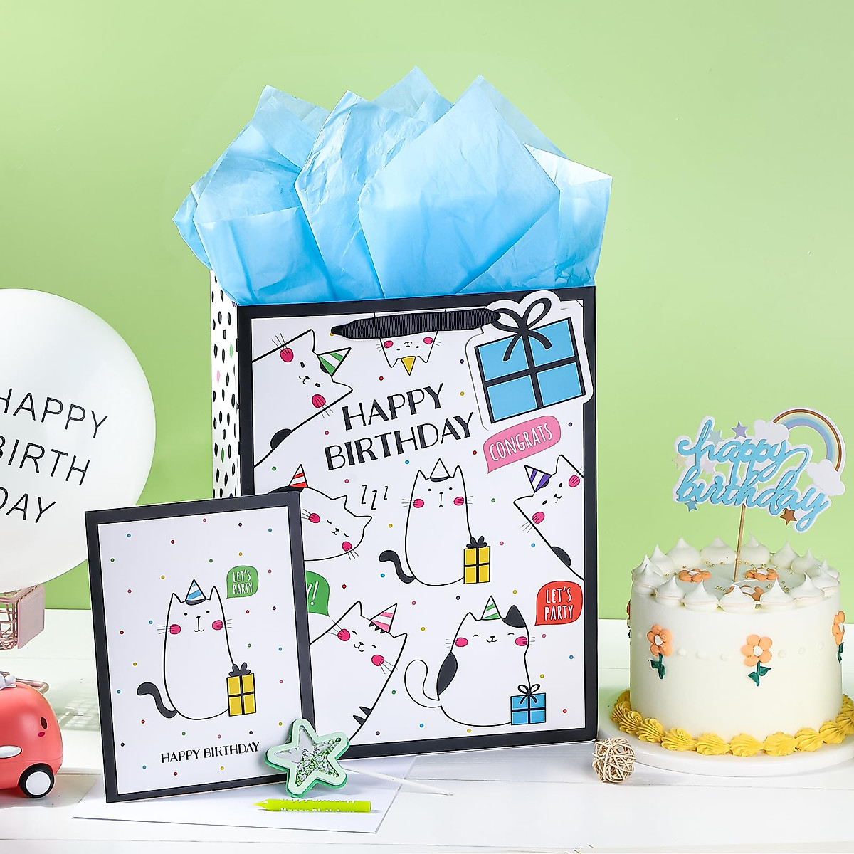 WRAPAHOLIC 13" Large Birthday Gift Bag with Card and Tissue Paper - Adorable Cat Design Happy Birthday