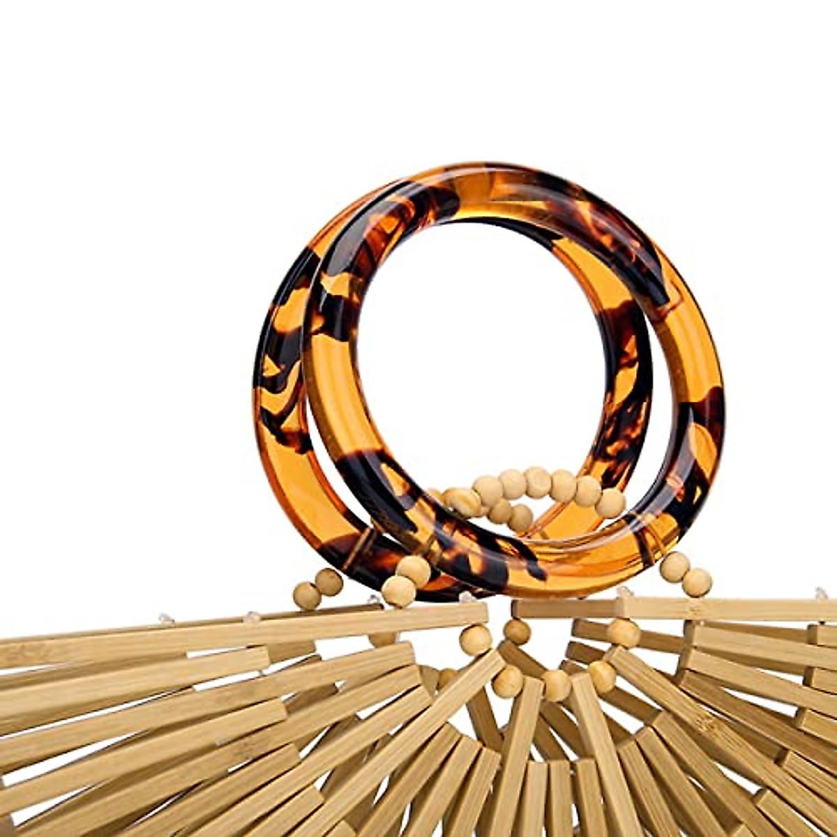 summer beach holiday bamboo woven bag retro portable straw woven bag Tote Bamboo Handbag Bown straw bag Acrylic rattan bag drawstring beach bags for summer (X-Small(10.23"x11"x3.2")),Natural)