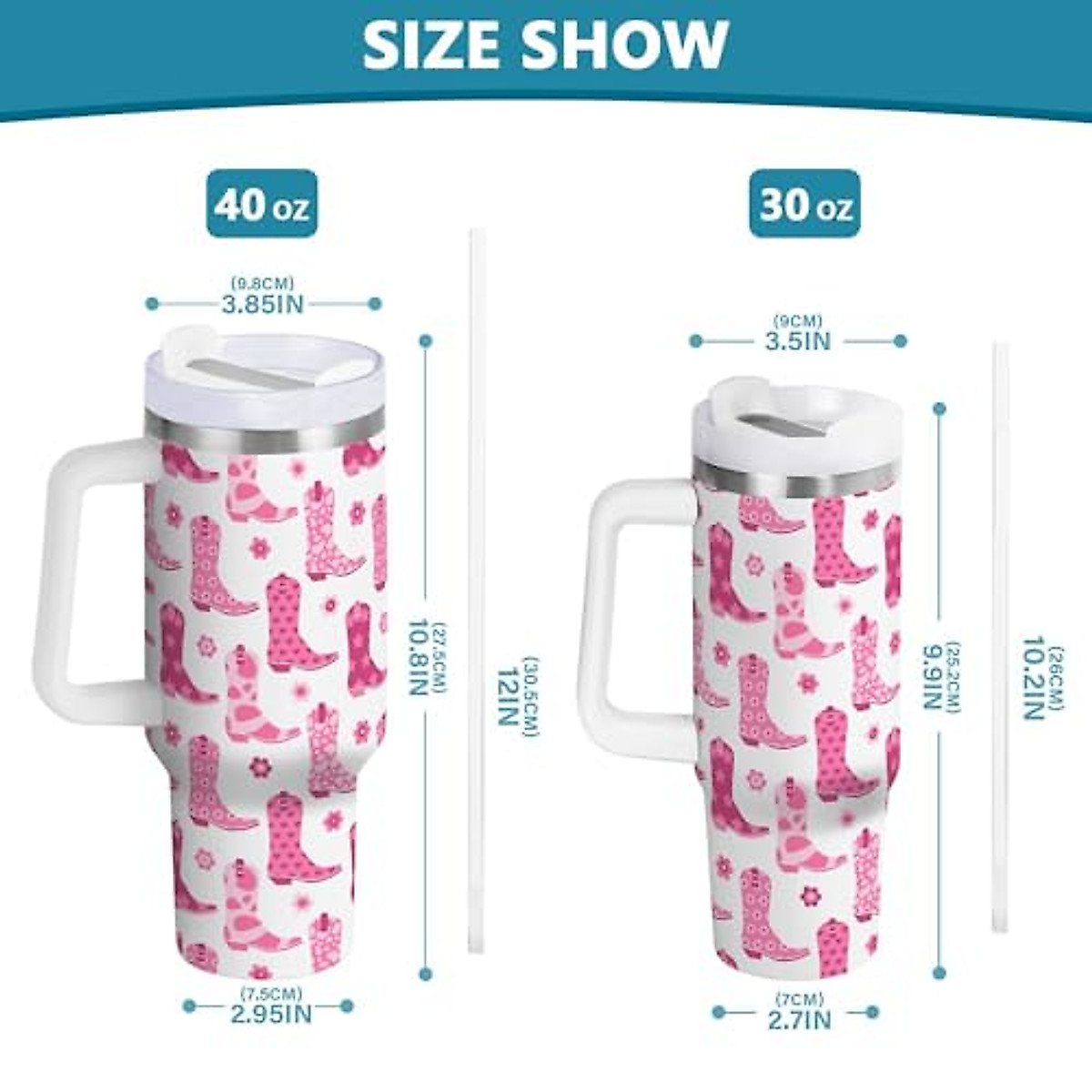 ARGTILDN 40 oz Tumbler Western Cowboy Boots Flowers Insulated Travel Mug with Handle and Straw Lid Stainless Steel Vacuum Coffee Cup Tea Beverage Container Water Bottles for Car Sports office