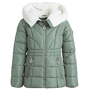 DKNY Girls' Winter Coat - Sherpa Fur Lined Heavyweight Quilted Puffer Parka - Insulated Winter Ski Jacket for Girls (4-16), Size 7-8, Sage