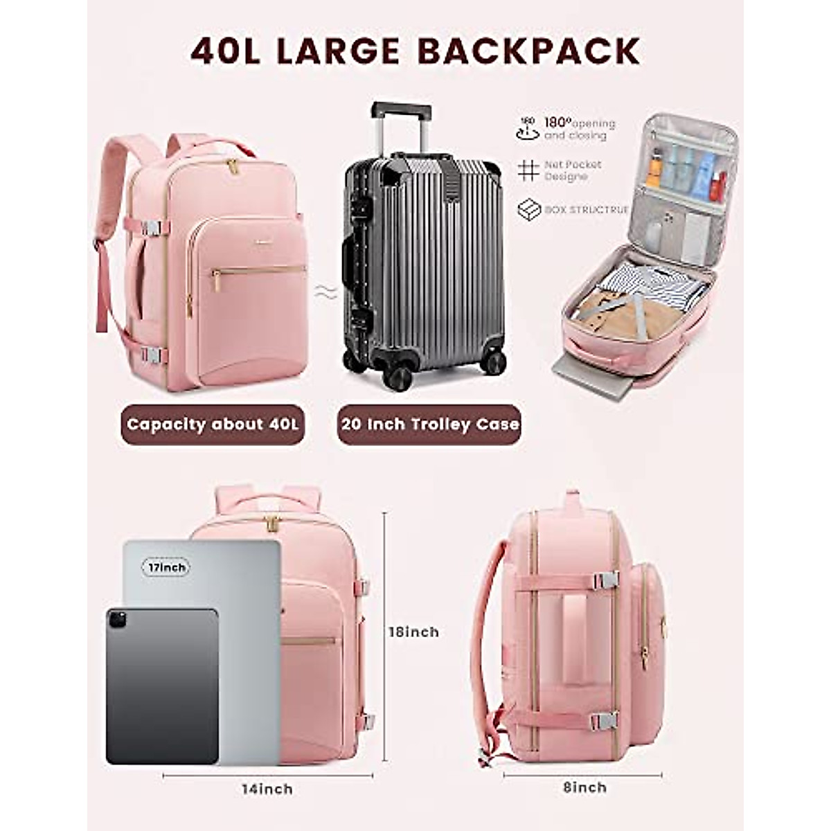 LOVEVOOK Travel Backpack Women, Carry On Backpack as Personal Item Flight Approved, TSA 17.3inch Laptop Backpack with 3 Packing Cubes College Casual Daypack for Weekender Overnight Hiking, Pink