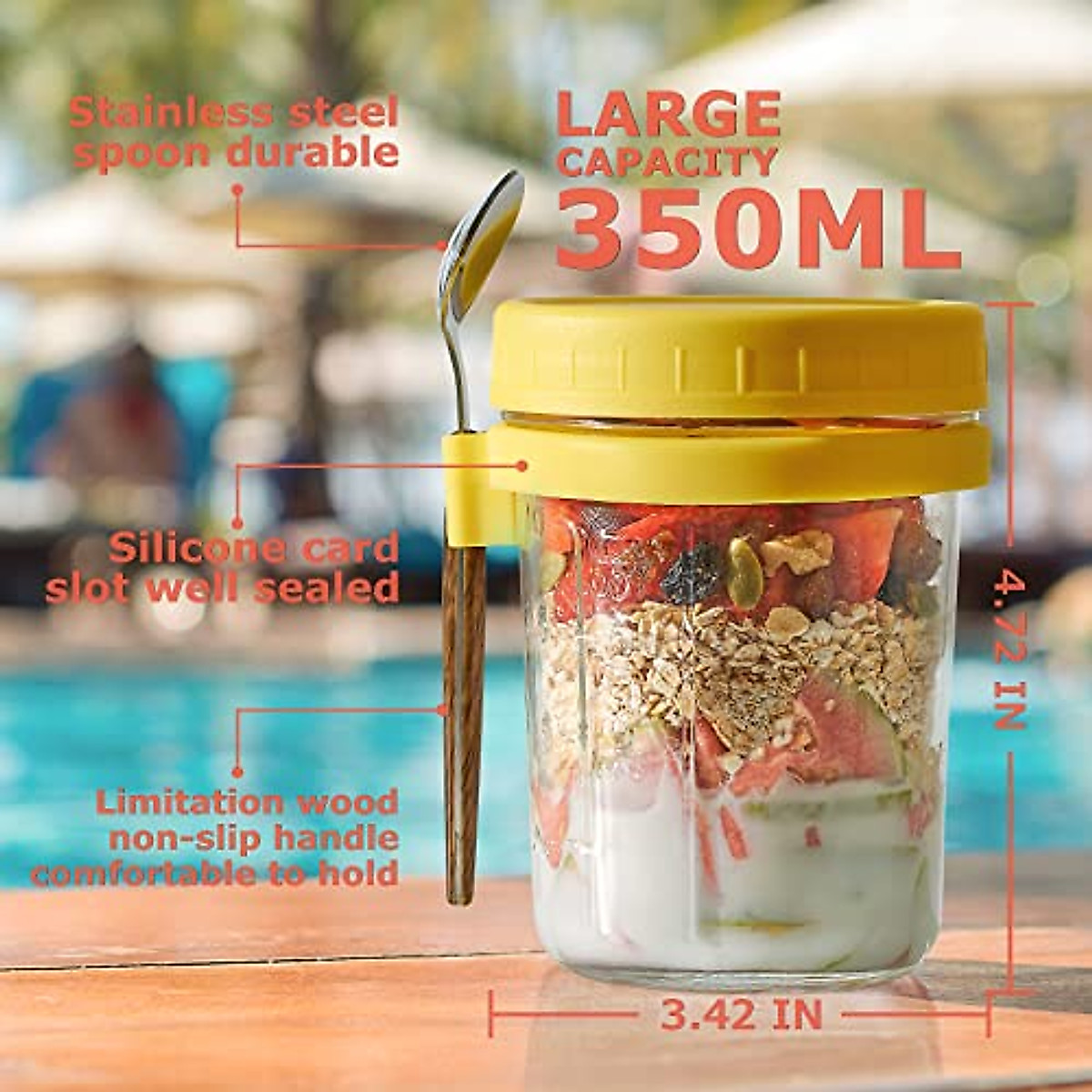 4 Pack Overnight Oats Jars with Lids and Spoons, 12 oz Glass Mason Jars with Airtight Silicone Gaskets - Overnight Oats Mason Overnight Oats Jars Oatmeal Container To Go Breakfast Yogurt Cereal, Fruit