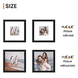 upsimples 8x8 Picture Frame, Display Pictures 4x4 with Mat or 8x8 Without Mat, Wall Hanging Photo Frame, Black, 1 Pack