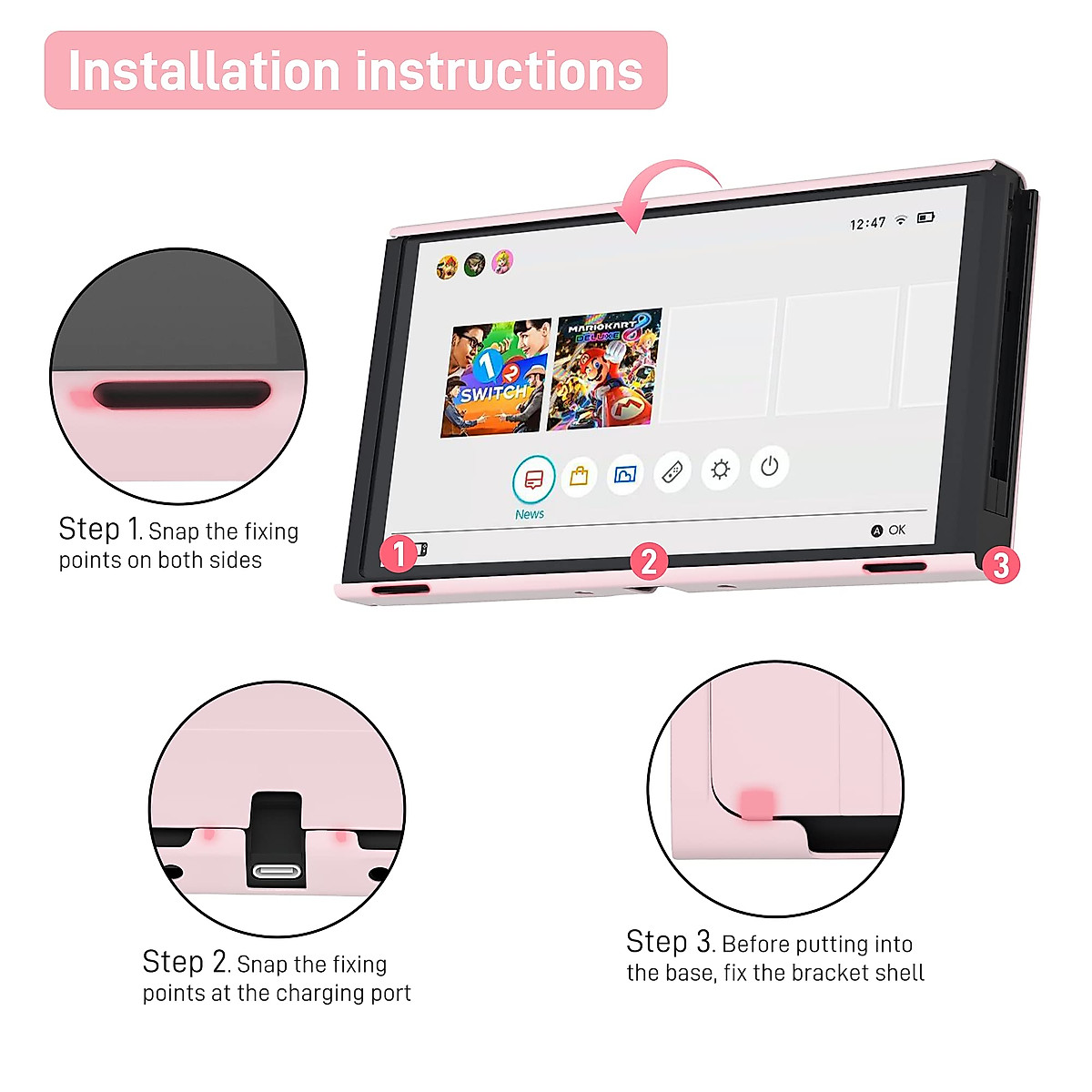 RHOTALL Protective Case Compatible with Nintendo Switch OLED, Dockable Shell for Switch OLED Console and Joycon Controller, Cute Accessories for Switch OLED with Comfortable Grip Design - Pink