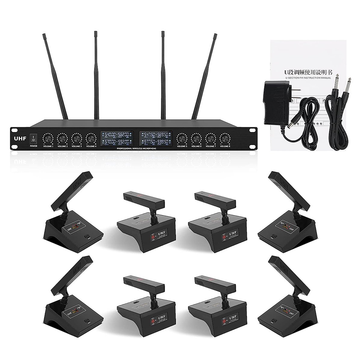 XTUGA YT8 UHF 8 Channel Desktop Gooseneck Microphone System Conference Mics Super-Low Background Noise for Large Conferences, Public Speaking